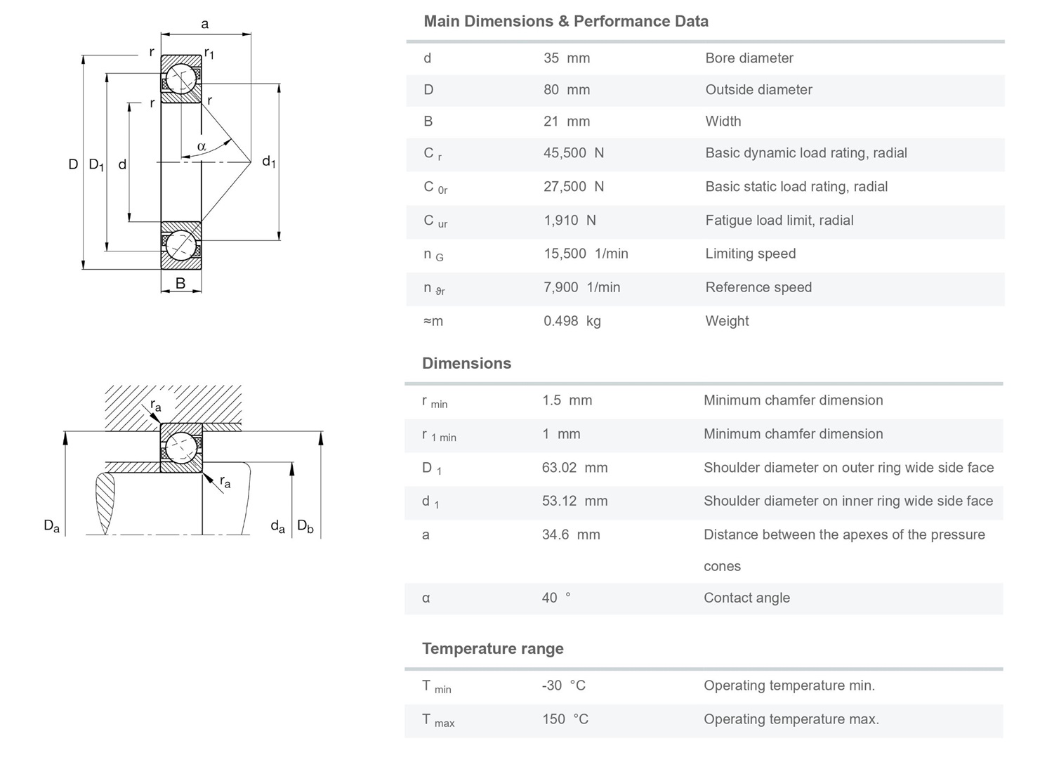 FAG 7307-B-XL-MP-UA ตลับลูกปืนขนาด 35x80x21 Bearing